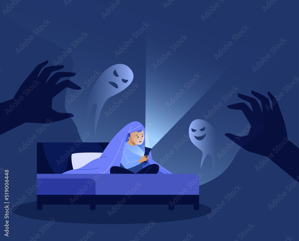 Children nightmares. Anxiety kid under blanket scared of monster bed ...