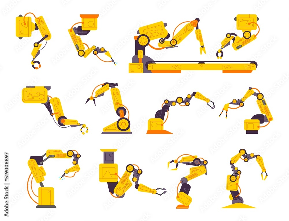 Factory manipulators. Mechanic robot arms for construction machine or ...