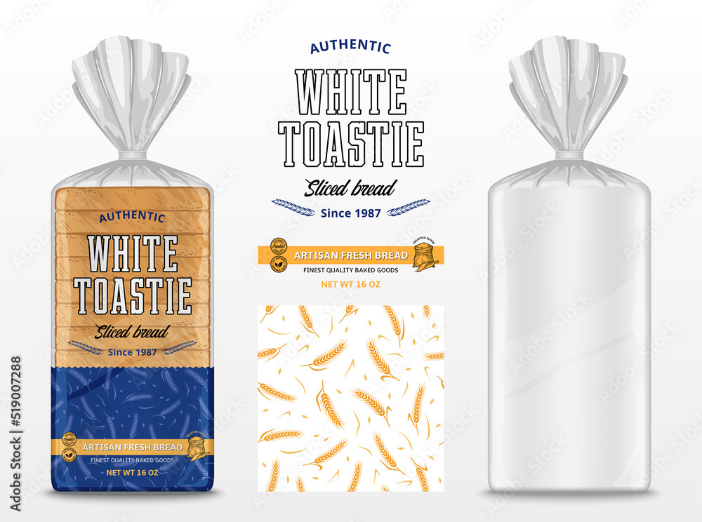 Vector bread package design. Transparent plastic bag package mockup ...