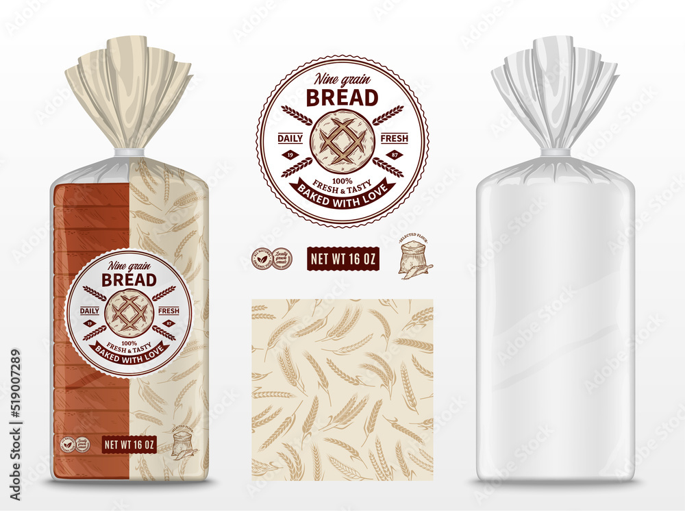 Vector bread package design. Transparent plastic bag package mockup ...