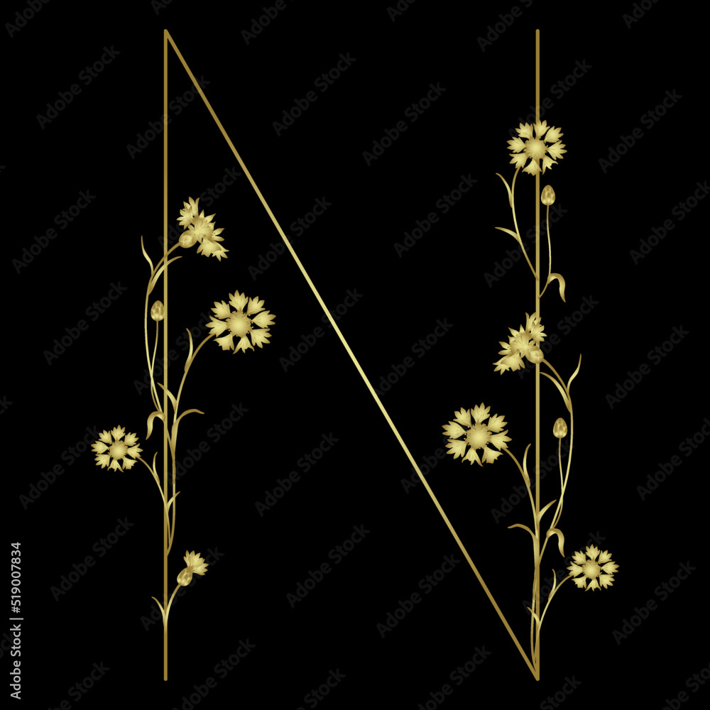 Beautiful letter N with blooming branches of cornflower or knapweed ...