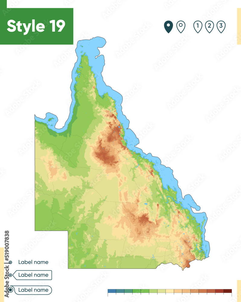 Queensland, Australia - high detailed physical map. Vector map. Dem map ...