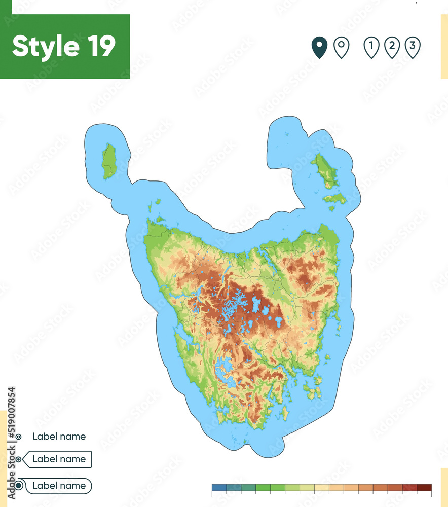Tasmania, Australia - high detailed physical map. Vector map. Dem map ...
