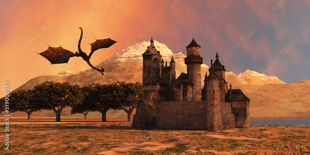 Dragon and Castle - A fearsome dragon attacks a castle in medieval ...