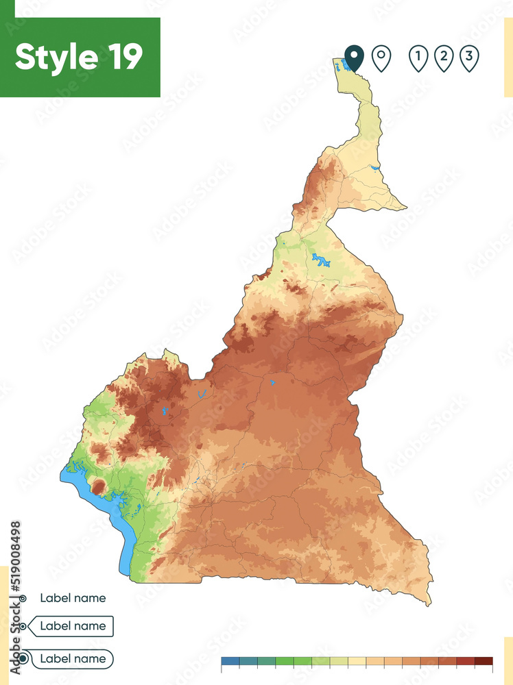 Cameroon - high detailed physical map. Vector map. Dem map. Stock ...