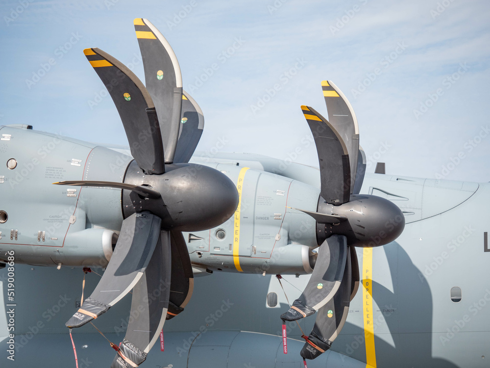 Propeller engines on military heavy lift transport aircraft Stock Photo ...