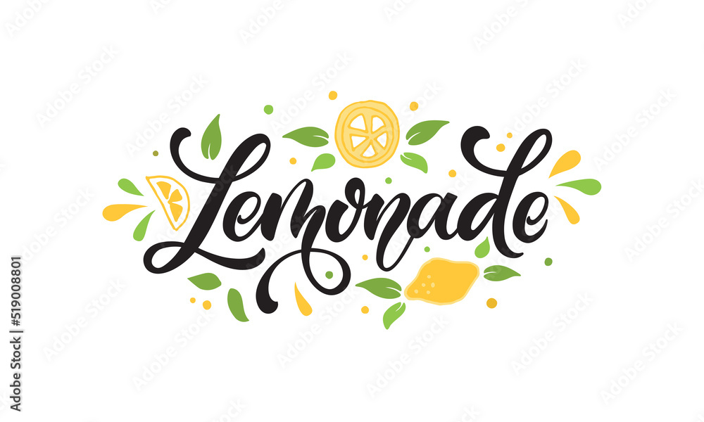 Lemonade handwritten text and lemon slices isolated on white background ...