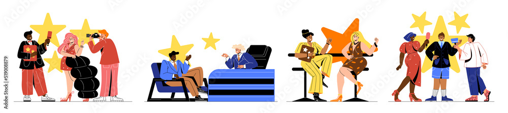 Set of celebrities at interviews. Famous people, actors and musicians ...