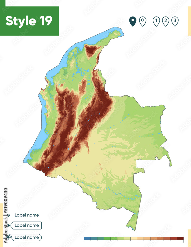 Colombia - high detailed physical map. Vector map. Dem map. Stock ...