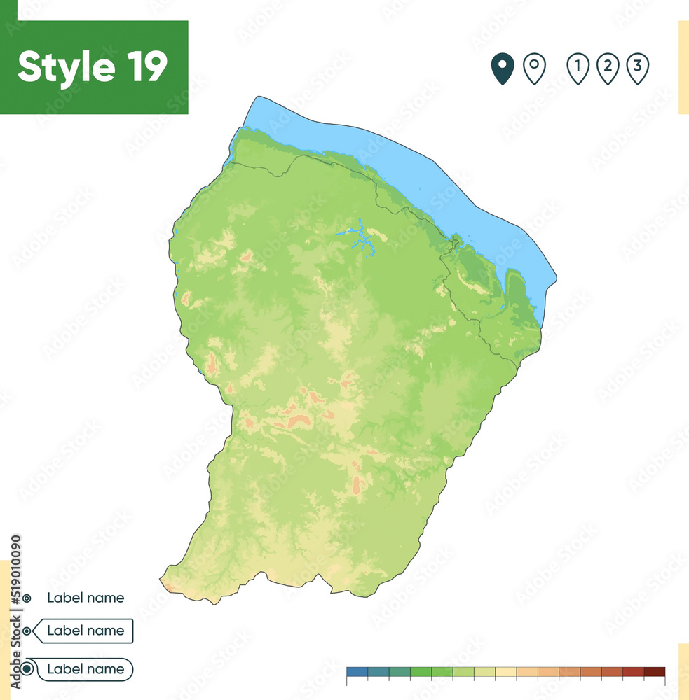 Guyane - high detailed physical map. Vector map. Dem map. Stock Vector | Adobe Stock