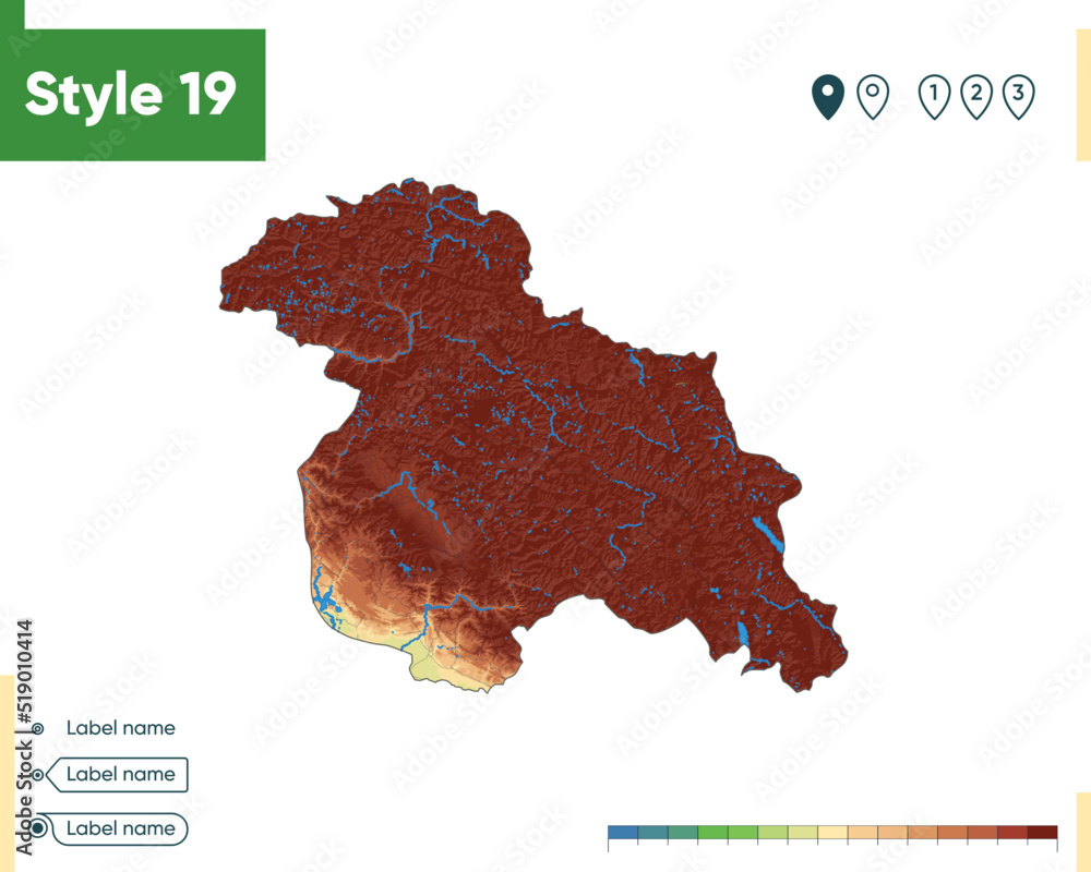 Jammu And Kashmir, India - high detailed physical map. Vector map. Dem ...