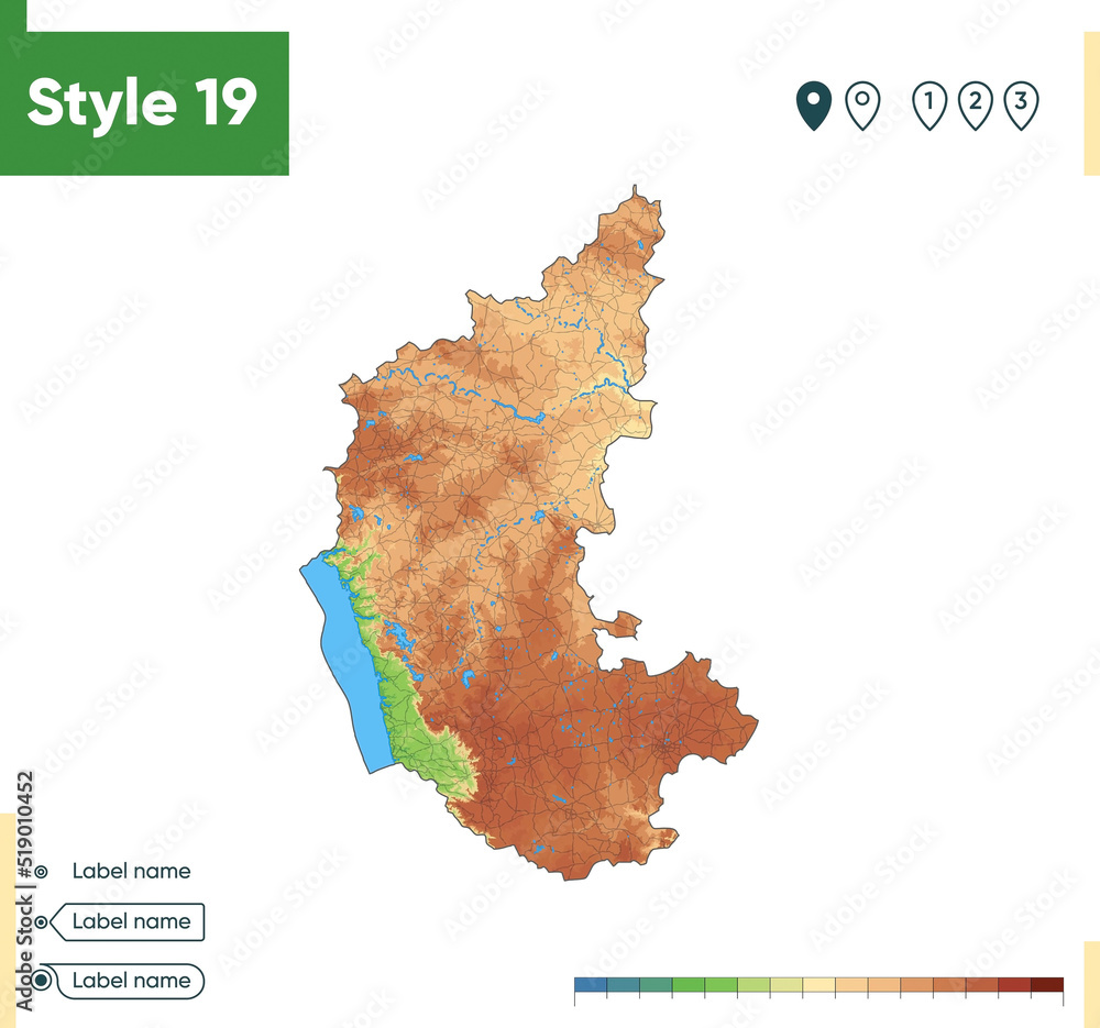 Karnataka, India - high detailed physical map. Vector map. Dem map ...