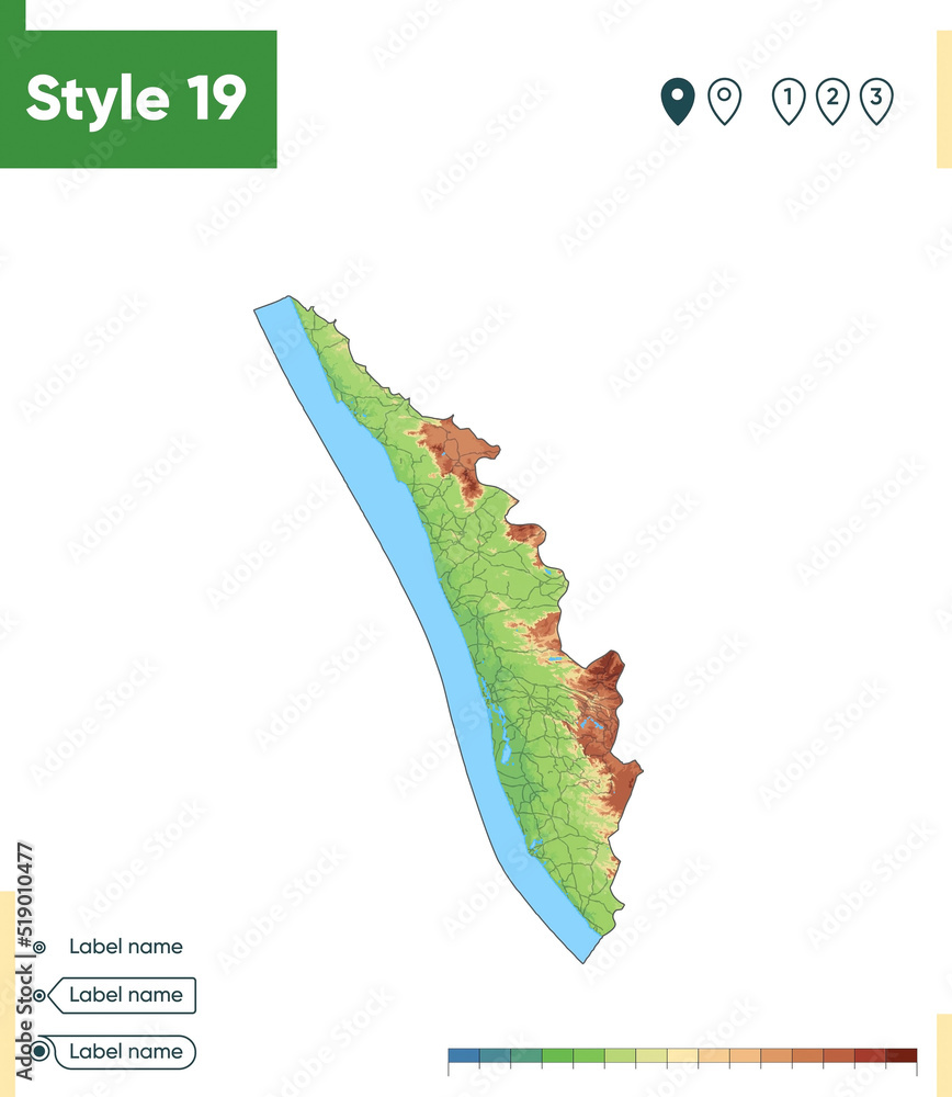Kerala, India - high detailed physical map. Vector map. Dem map. Stock ...
