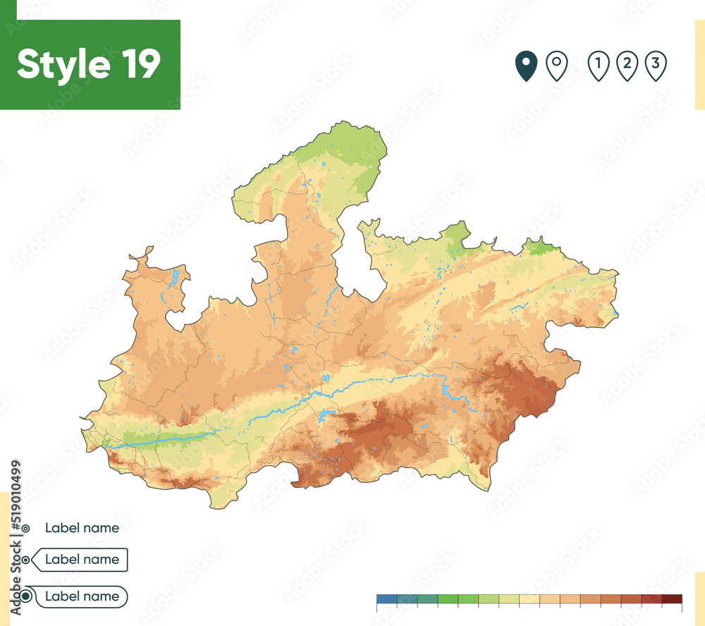 Madhya Pradesh, India - high detailed physical map. Vector map. Dem map ...