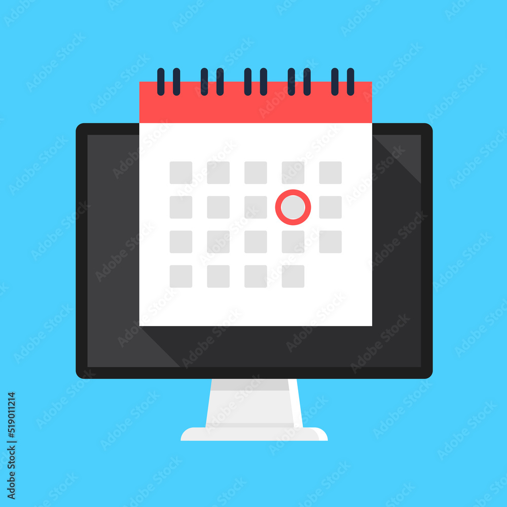 Computer with calendar icon and red circle. Reminder, appointment ...