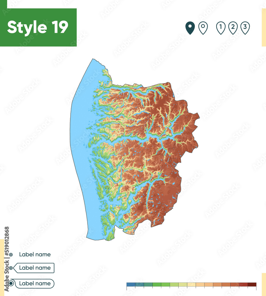Vestland, Norway - high detailed physical map. Vector map. Dem map ...