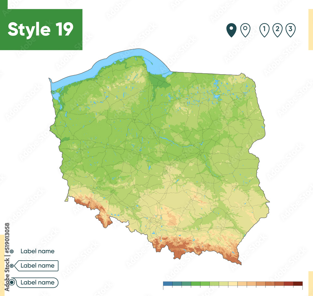Poland - high detailed physical map. Vector map. Dem map. Stock Vector ...