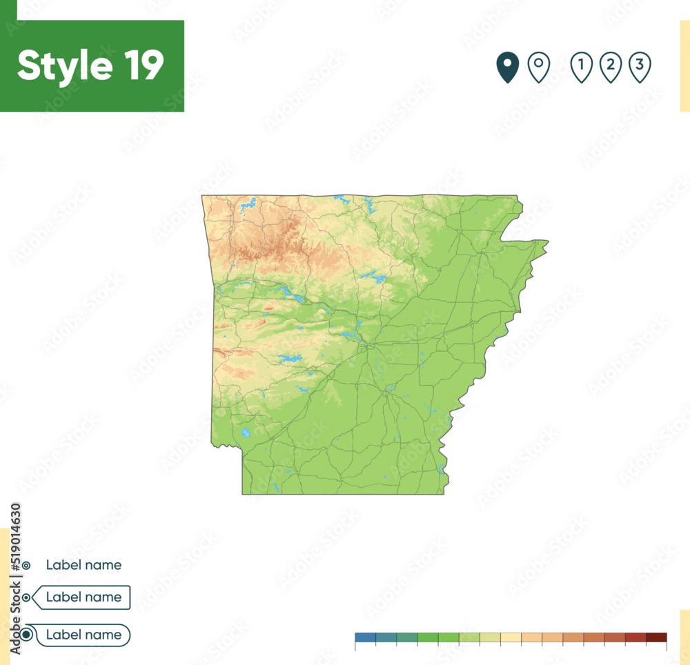 Arkansas, USA - high detailed physical map. Vector map. Dem map. Stock ...
