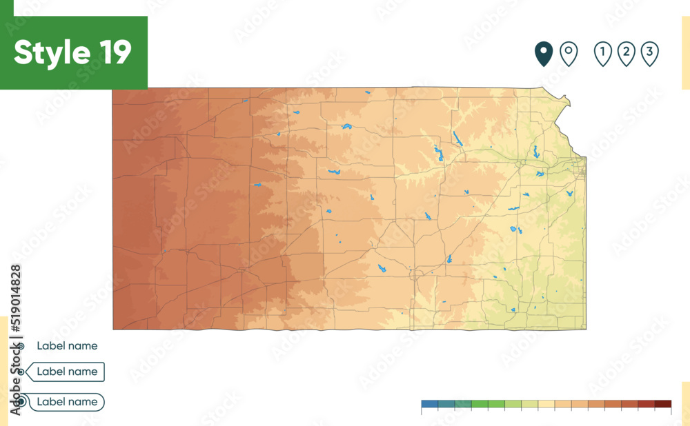 Kansas, USA - high detailed physical map. Vector map. Dem map. Stock ...