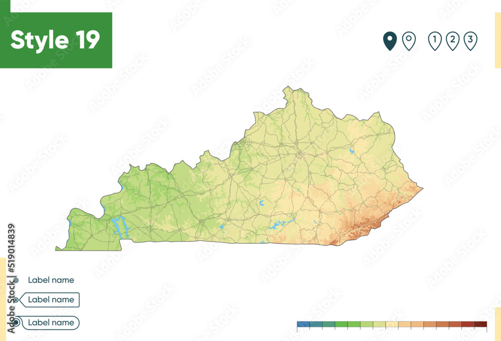 Kentucky, USA - high detailed physical map. Vector map. Dem map. Stock ...