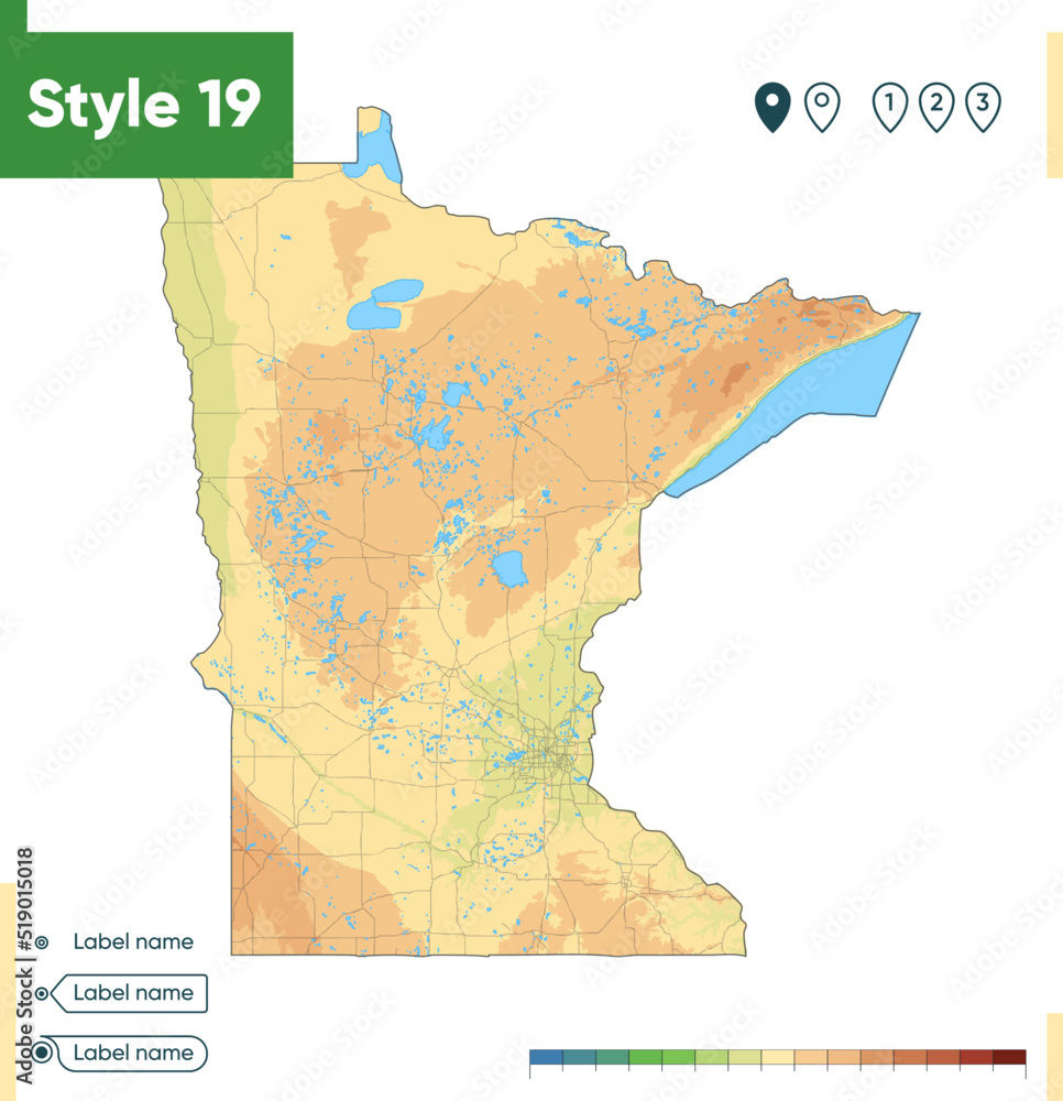 Minnesota, USA - high detailed physical map. Vector map. Dem map. Stock ...