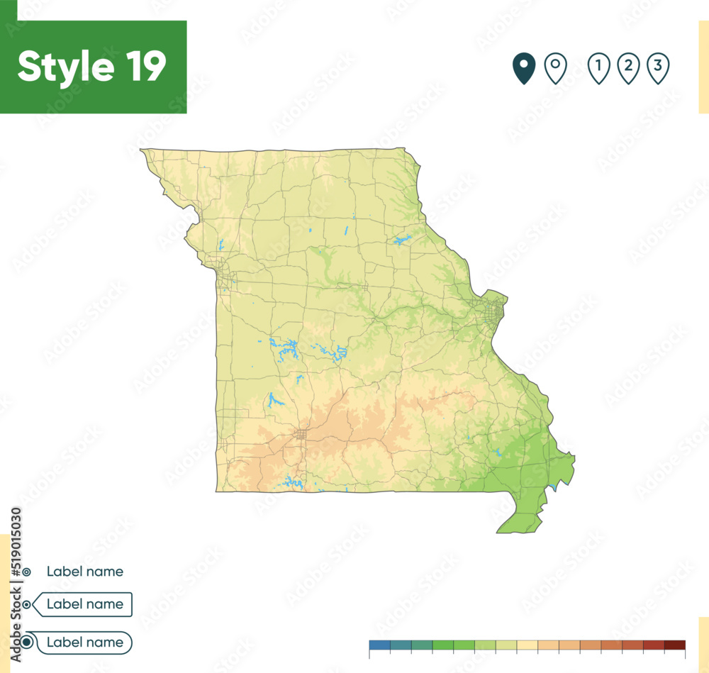Missouri, USA - high detailed physical map. Vector map. Dem map. Stock ...