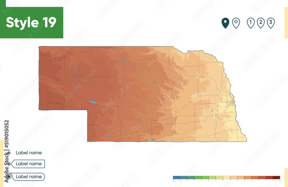 Nebraska, USA - high detailed physical map. Vector map. Dem map. Stock ...