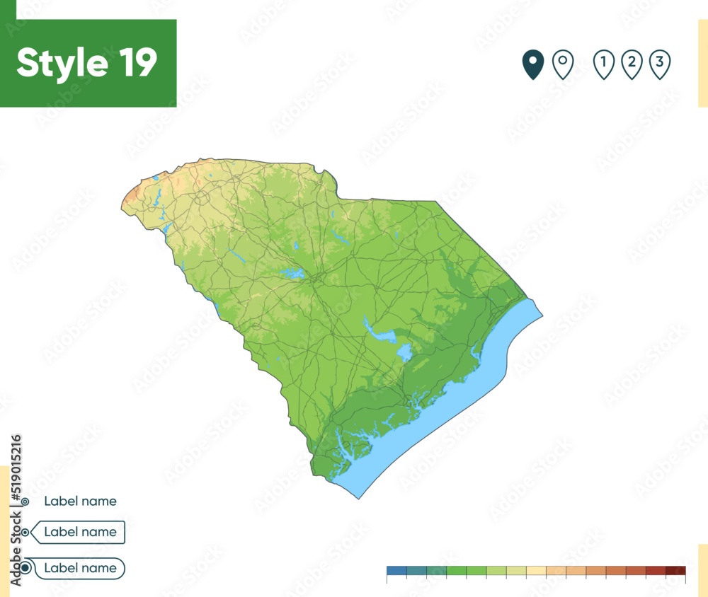 South Carolina, USA - high detailed physical map. Vector map. Dem map ...