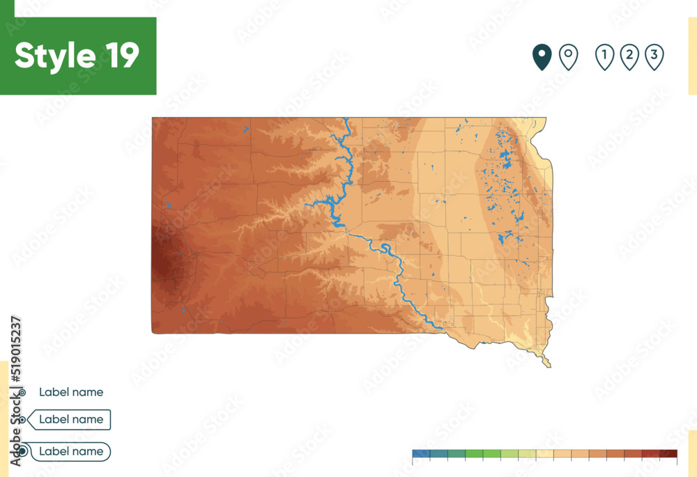 South Dakota, USA - high detailed physical map. Vector map. Dem map ...