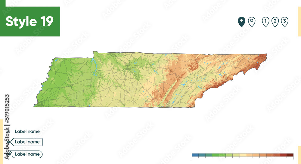Tennessee, USA - high detailed physical map. Vector map. Dem map. Stock ...