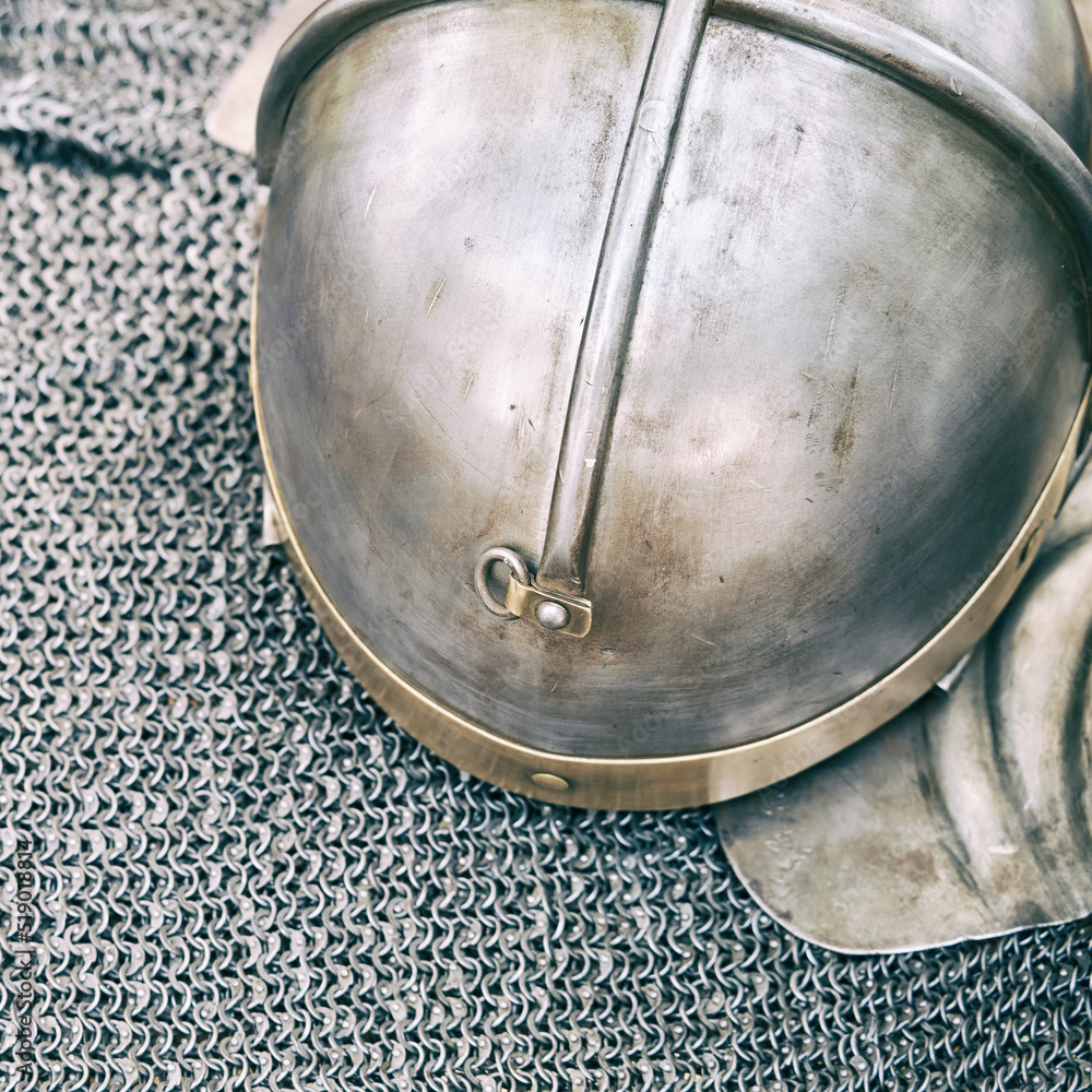 Ancient Roman vintage soldier helmet and chain mail, armor to protect ...