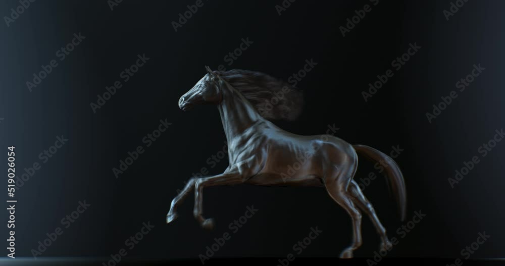 Galloping slow motion stallion against black background with side light ...