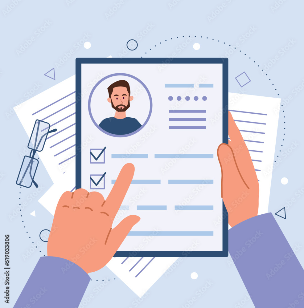 Hand choice cv. Recruitment of new employees for work. Person holds ...