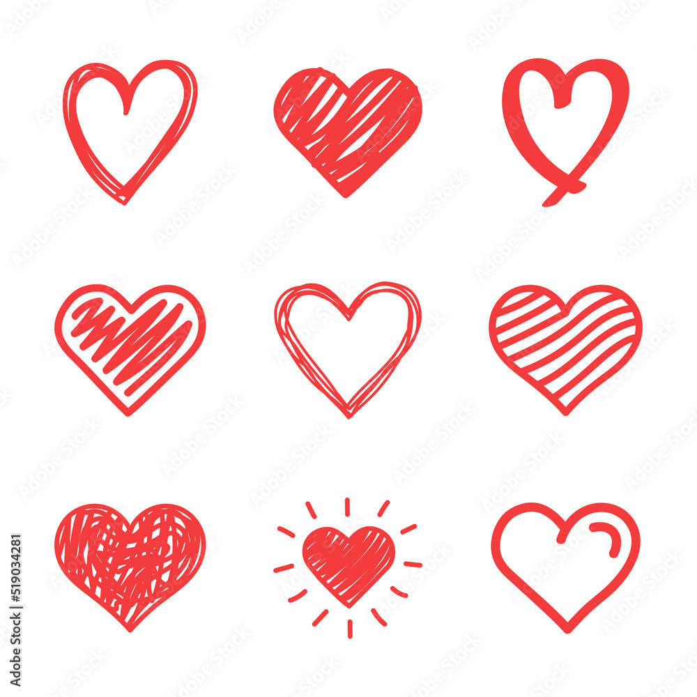 Red heart doodle hand drawn icon vector set illustration. Stock ベクター ...