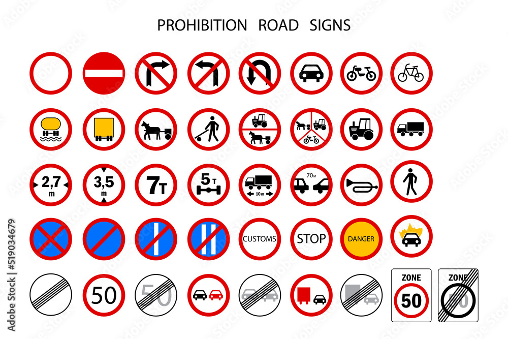 Prohibition road signs. Mark prohibited. Vector illustration. Stock ...
