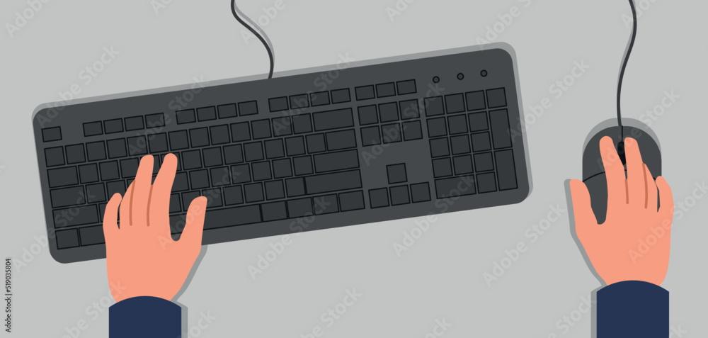 Hands on keyboard and mouse. Computer hardware and modern technology ...