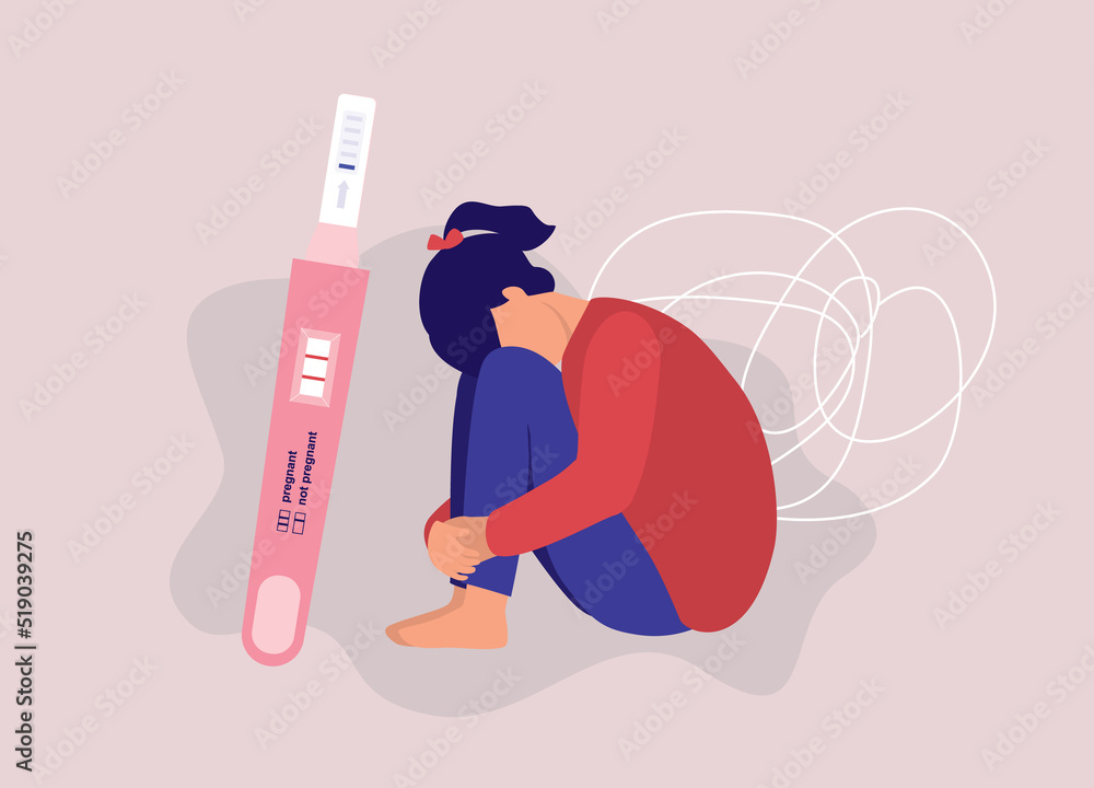 One Sad Teenage Girl With Hugging Knees And Head Down Got A Positive ...