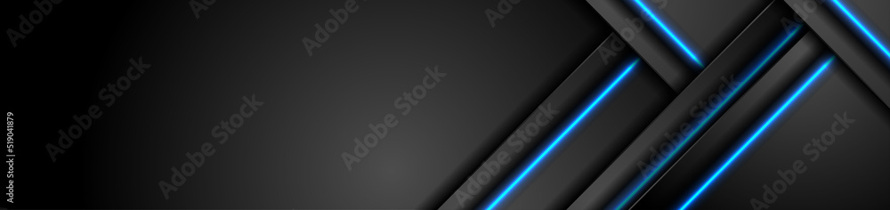 Black tech abstract banner design with blue neon glowing lights ...