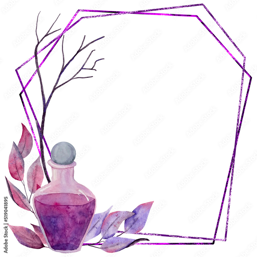 Hand drawn illustration of potion flask Halloween mystic magic frame ...