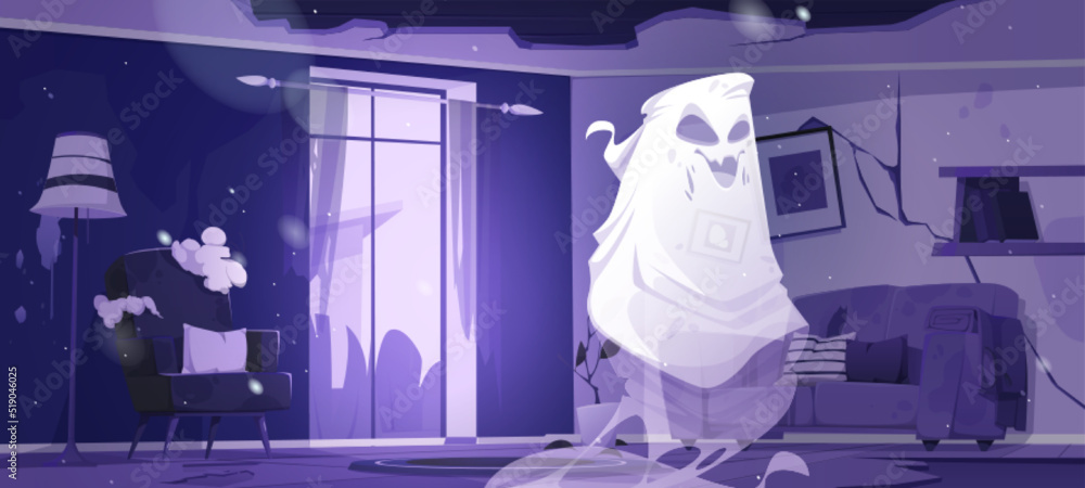 Ghost in night abandoned living room. Funny spook cartoon Halloween ...