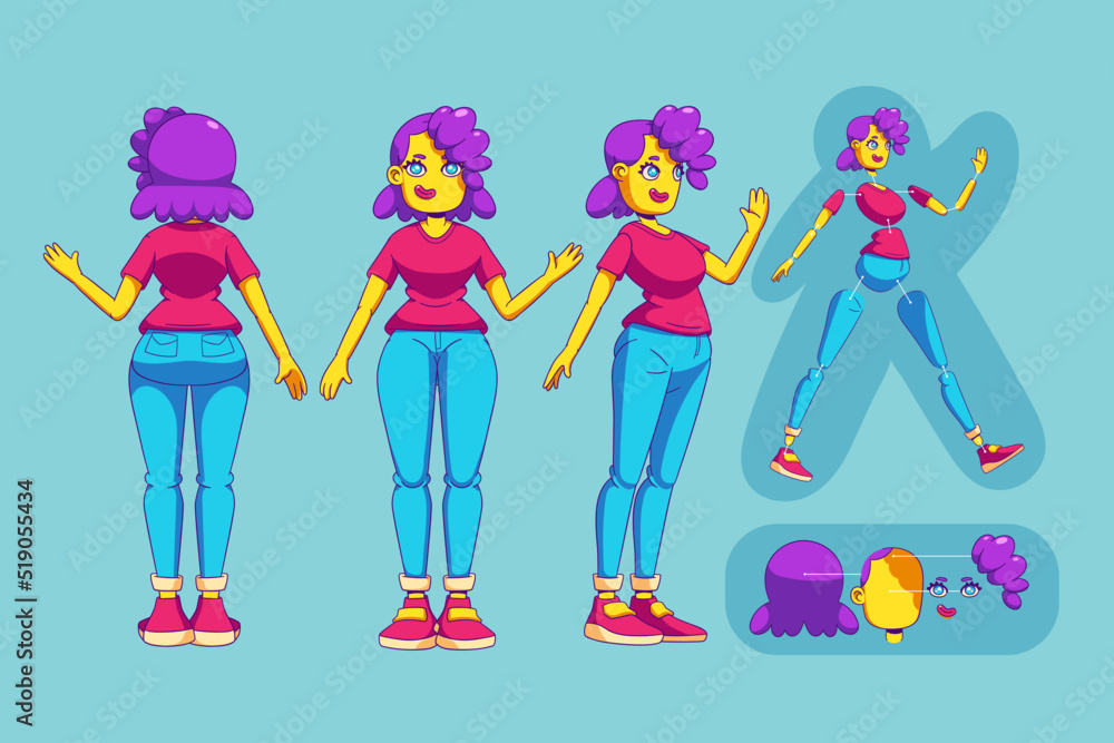 Girl character animation set with parts of body and head isolated on ...