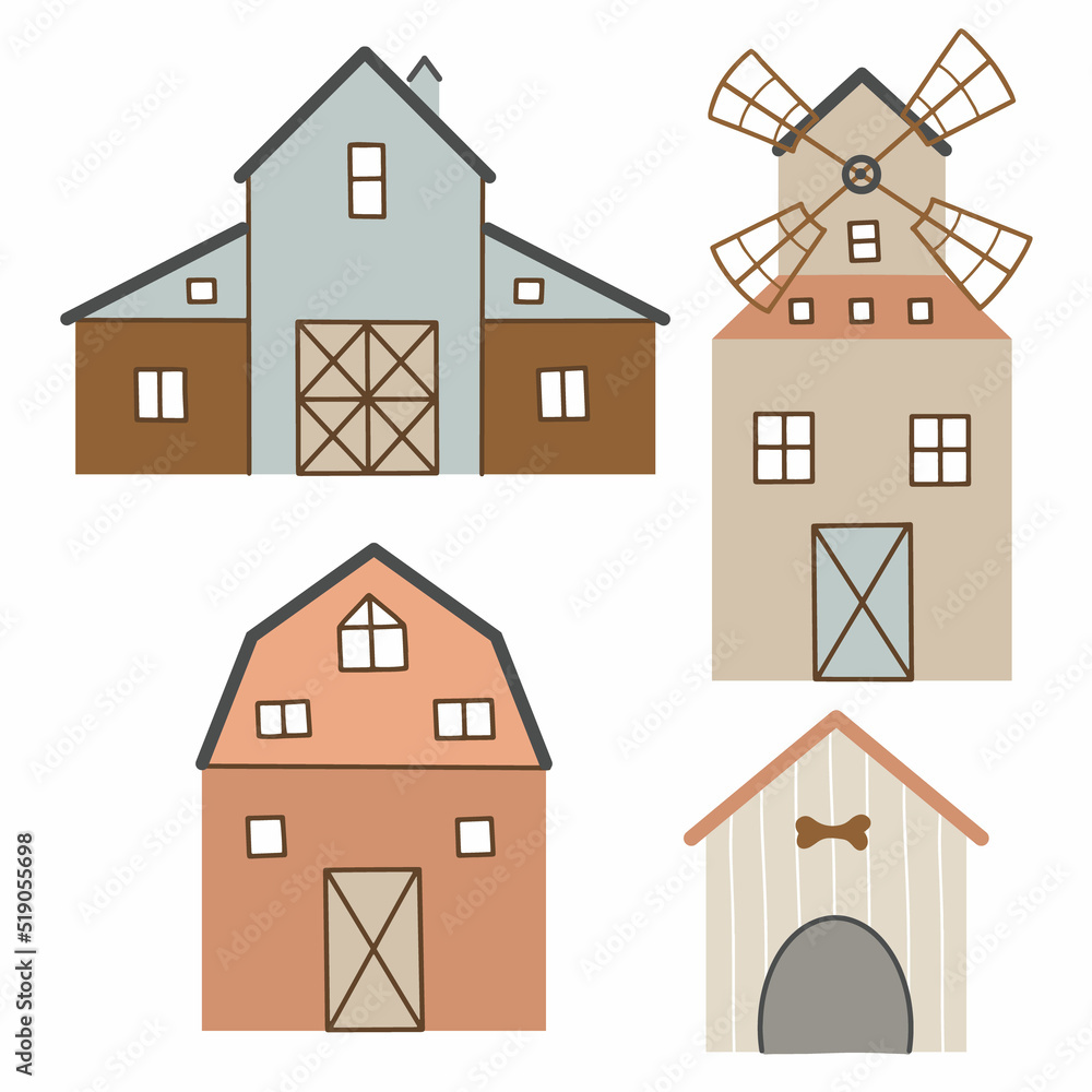 Set of farm buildings in flat style. Vector illustration isolated on ...