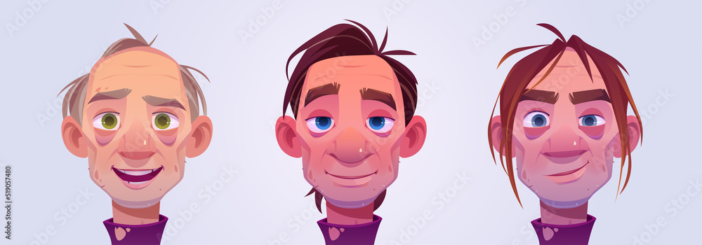Beggar men avatar, homeless bum or wino cartoon character faces, heads ...