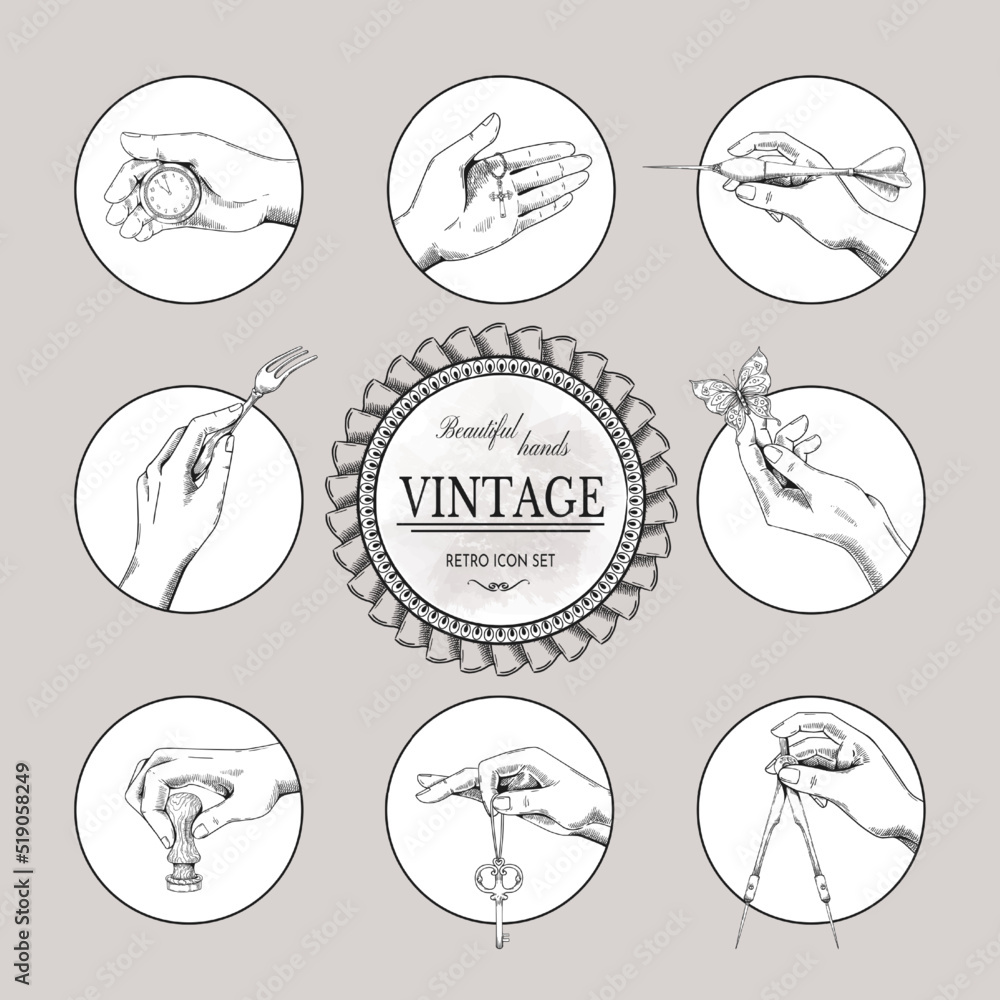 Vintage Victorian hands. Arms holding objects. Round sketch logo set ...
