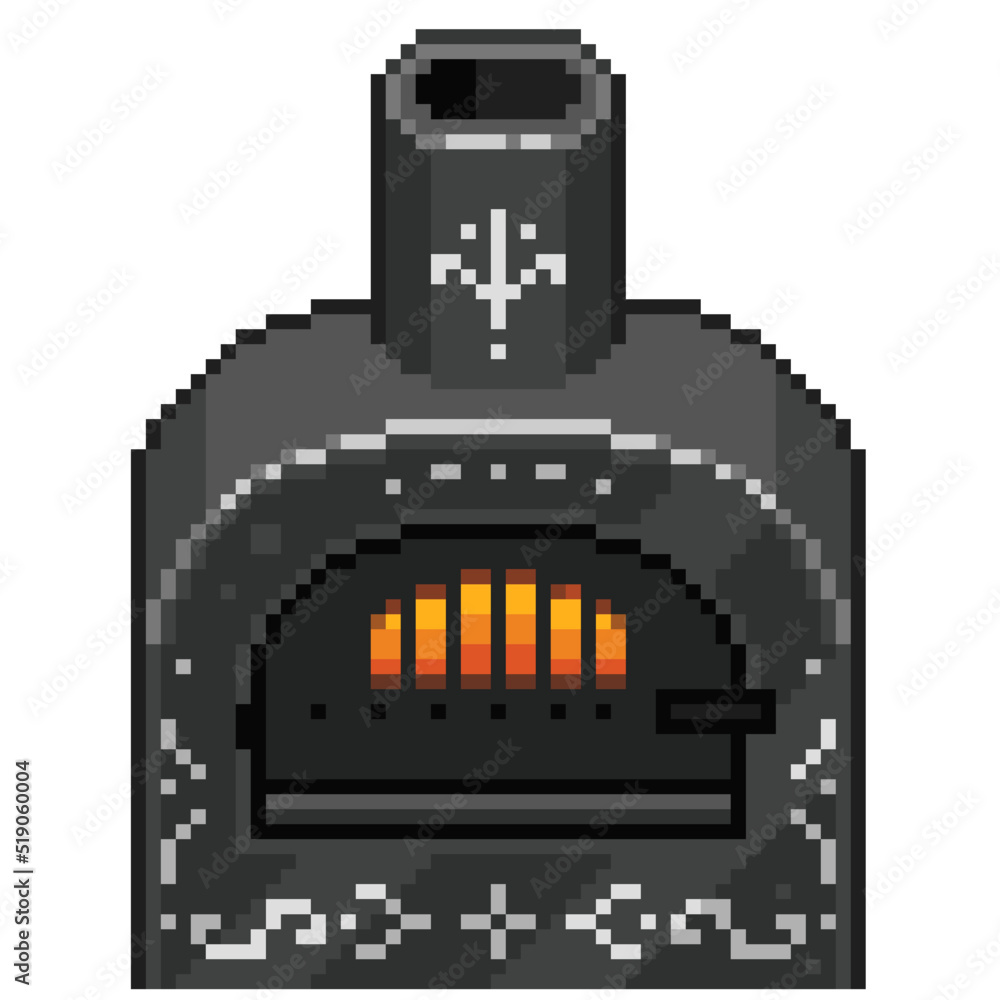 An 8-bit retro-styled pixel-art illustration of a black steel furnace ...