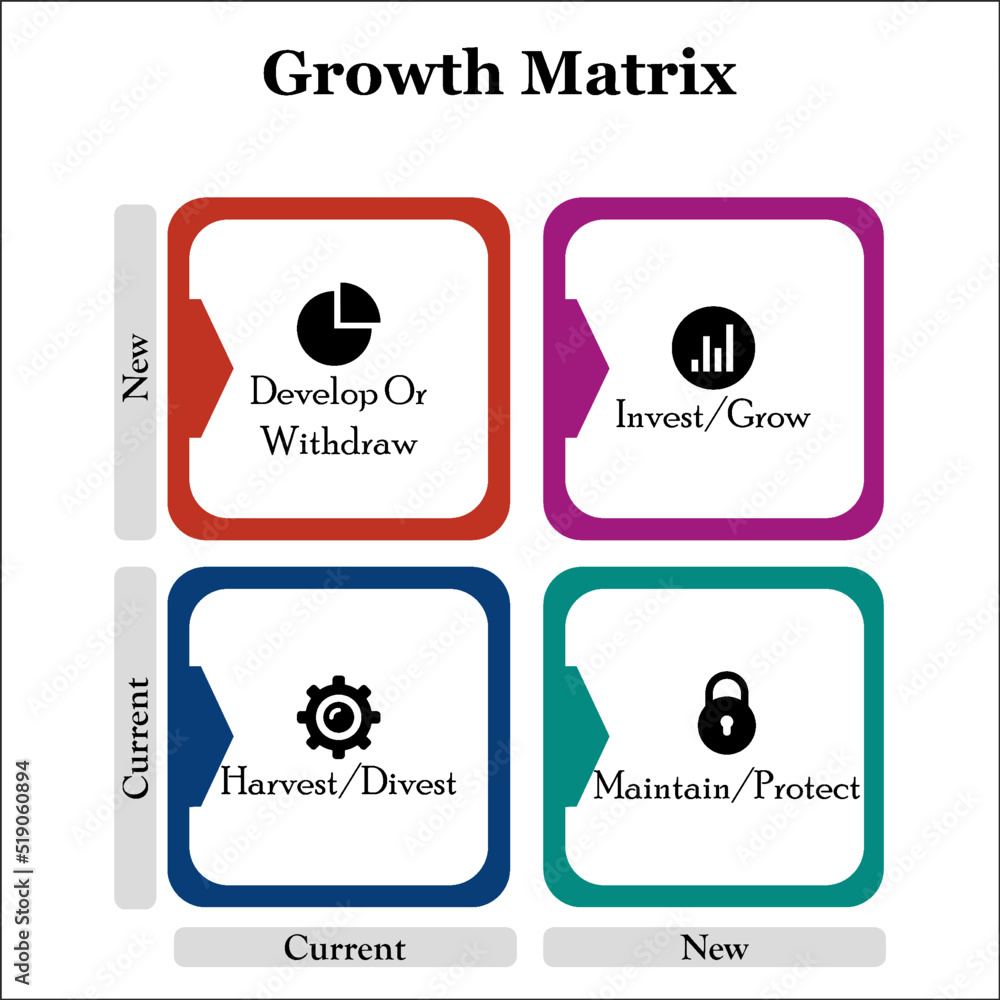 Growth Strategy Matrix with Icons in an Infographic template Stock ...