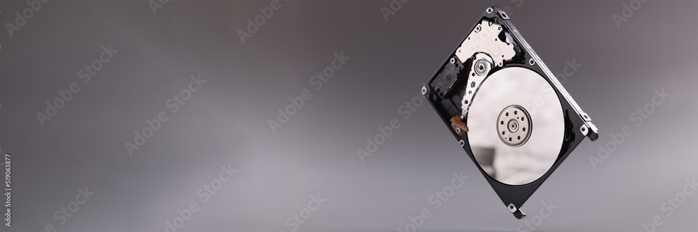 Hard disk drive HDD with open top cover on gray background Stock Photo ...