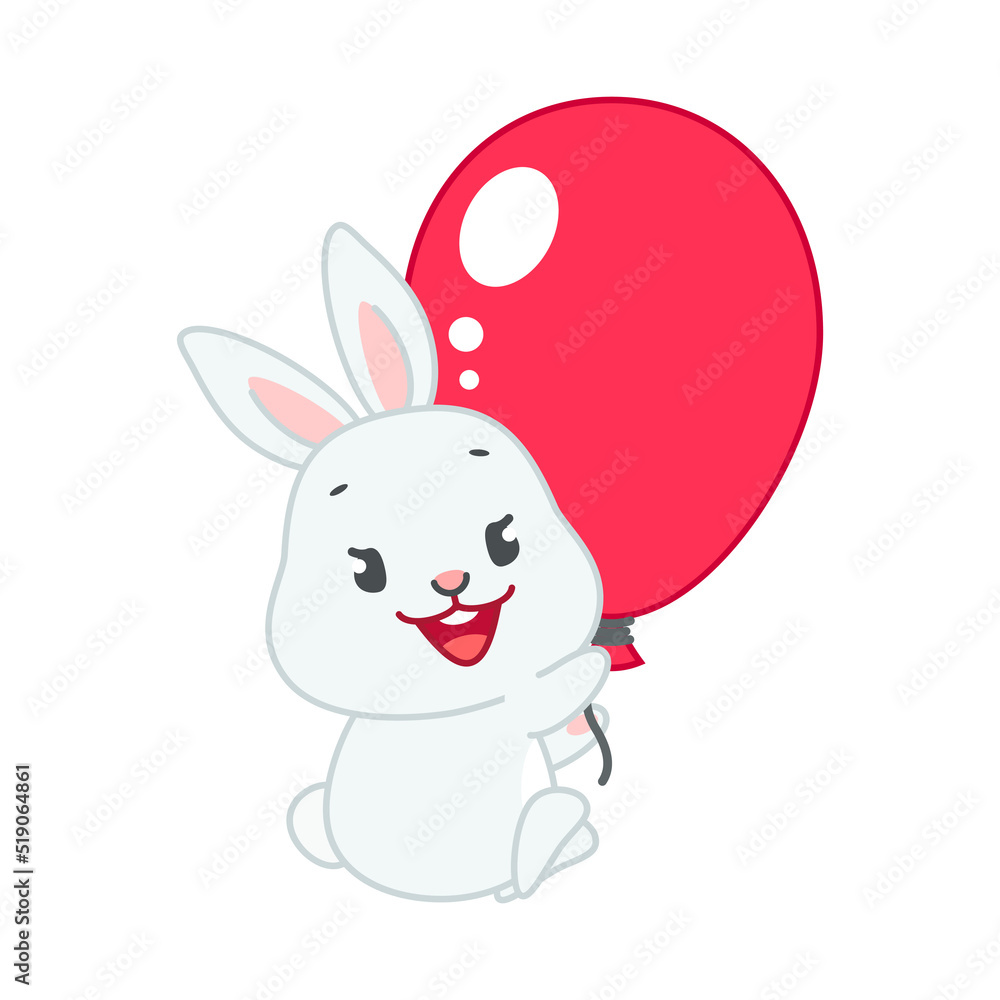 Cute bunny with ballon. Flat cartoon illustration of a funny little ...