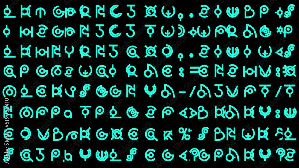 Motion graphics featuring lines of alien style hieroglyphs and written ...