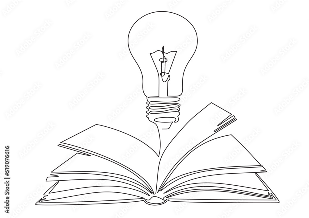 One single line drawing of shining light bulb above open text book logo ...